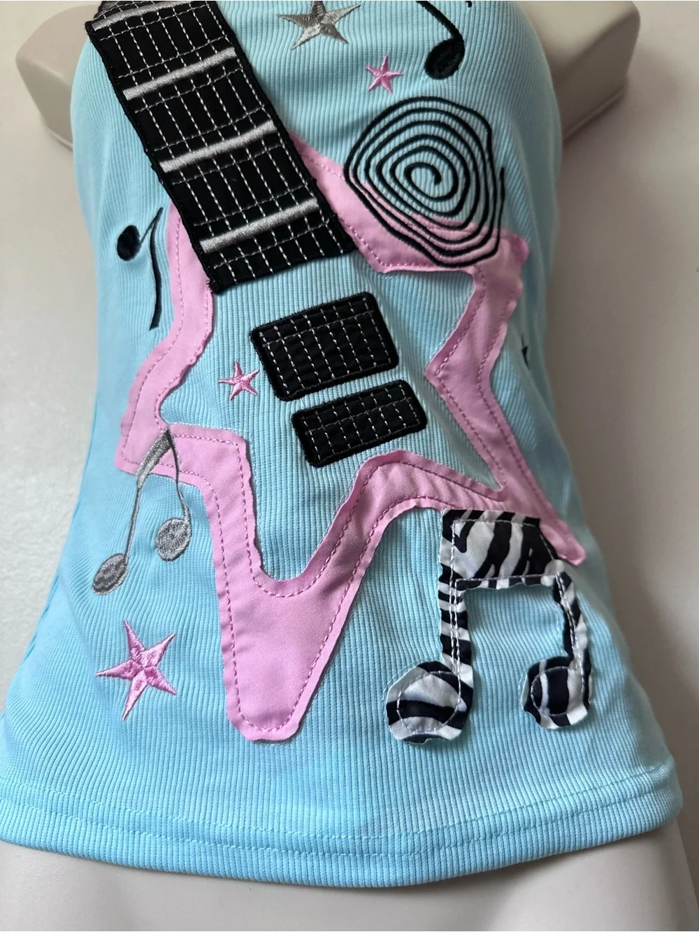 Tops | Light Blue Graphic Guitar Tank Top With Pink Accents | Poshmark